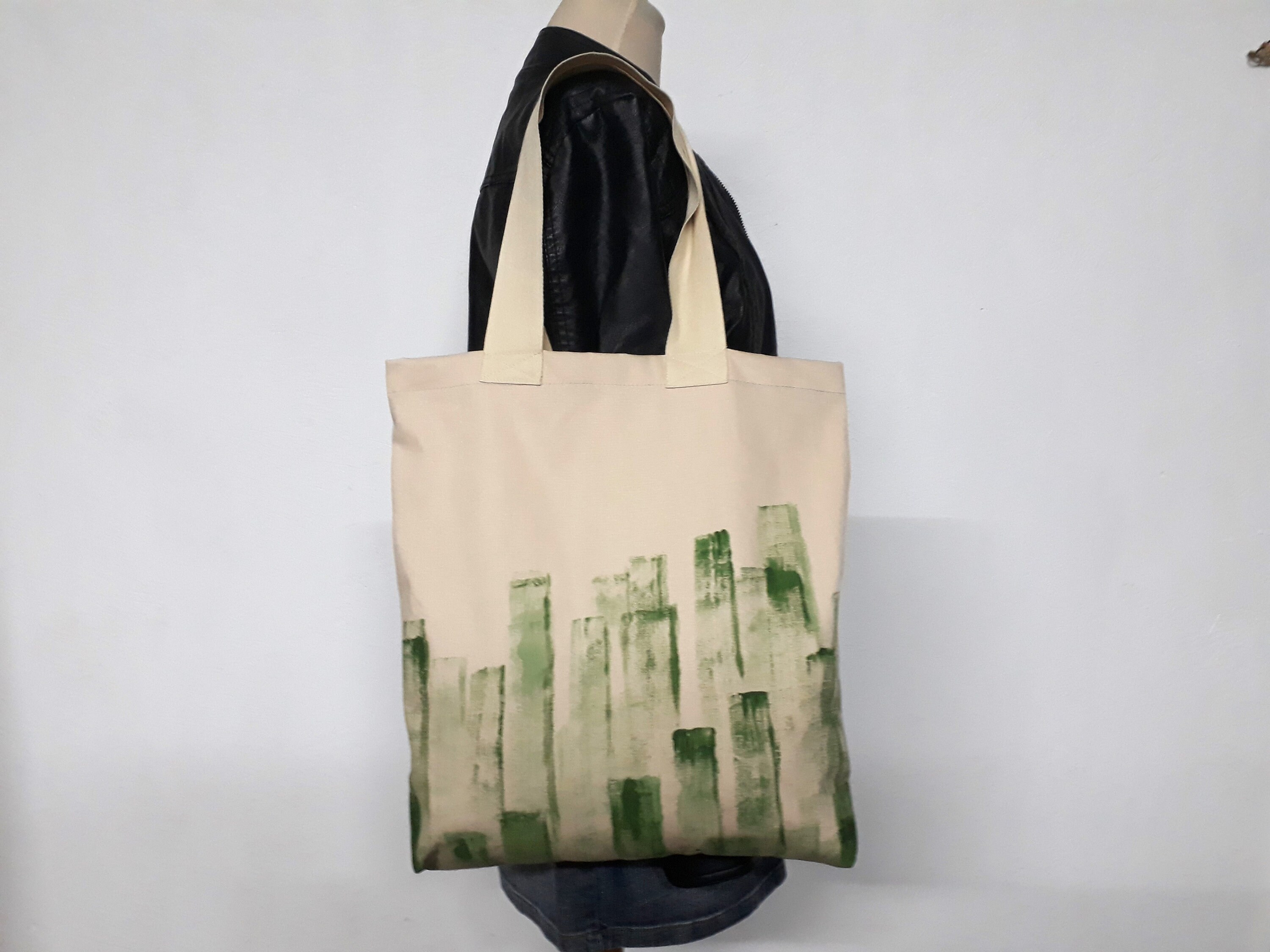 Hand Painted Tote Bag, City Painted Tote Bag, Cotton Canvas Shoulder ...