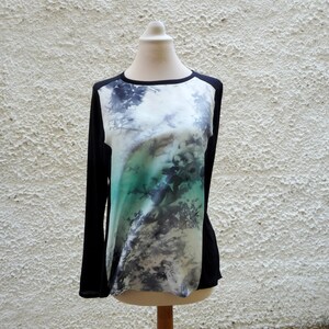 Hand Painted Silk Blouse, Abstract Floral Art Top, Fitted Long Sleeve ...