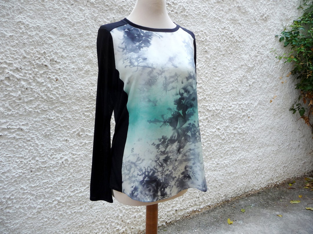 Hand Painted Silk Blouse, Abstract Floral Art Top, Fitted Long Sleeve ...