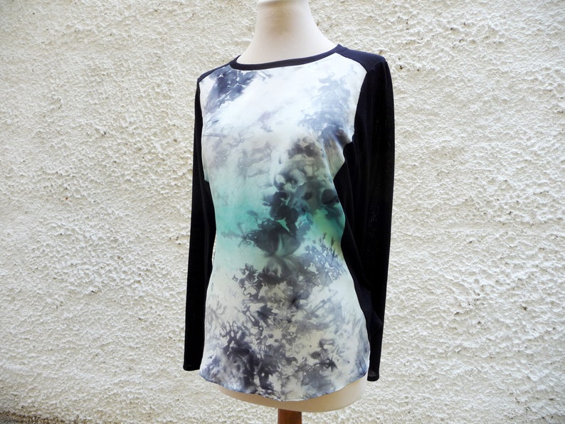 Hand Painted Silk Blouse, Abstract Floral Art Top, Fitted Long Sleeve ...