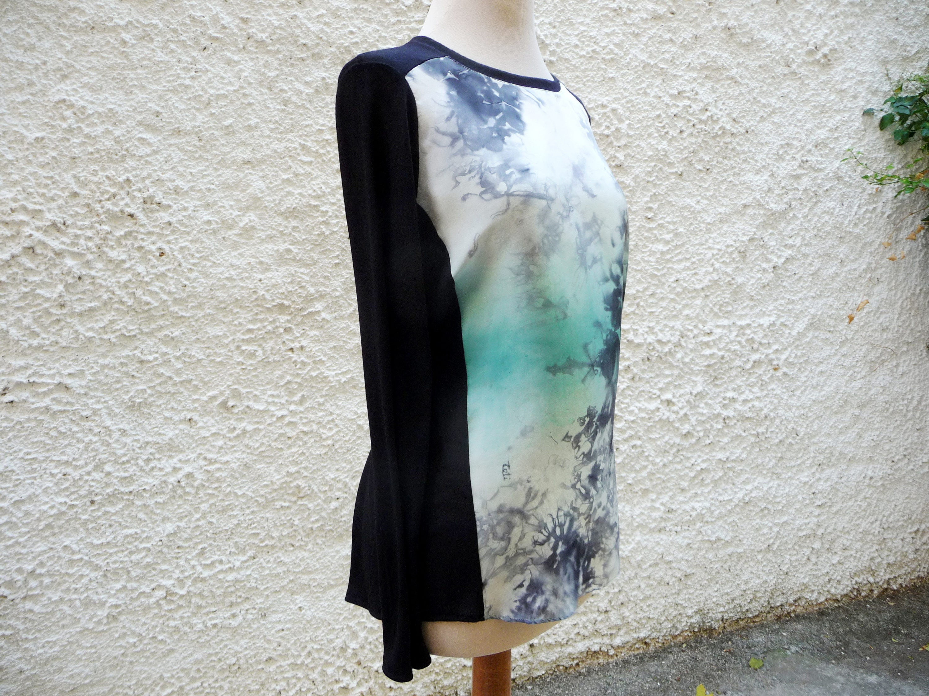 Hand Painted Silk Blouse, Abstract Floral Art Top, Fitted Long Sleeve ...