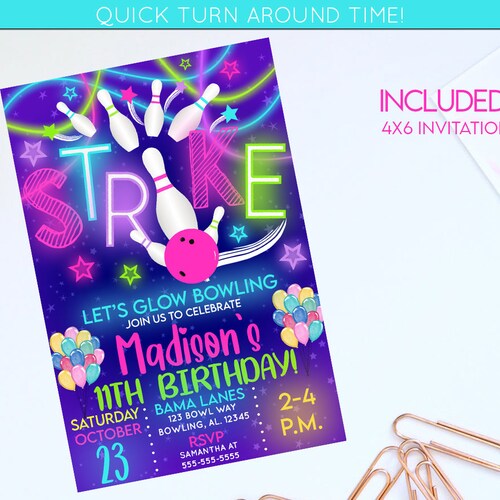 Neon Bowling Birthday Invitation Glow Bowling Invite Neon - Etsy