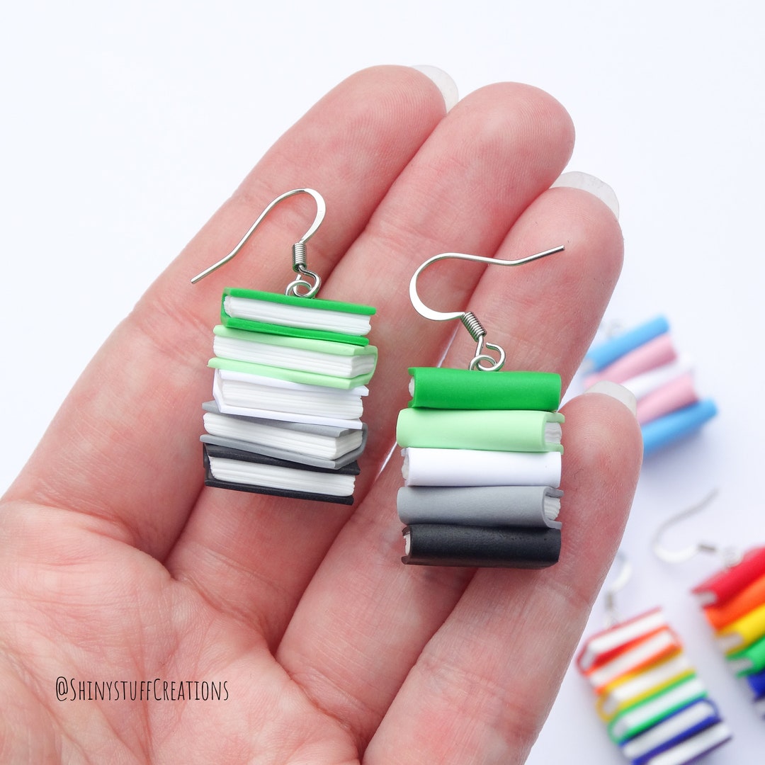Subtle Aromantic Pride Flag Dangle Earrings, Stacked Books Geeky ...