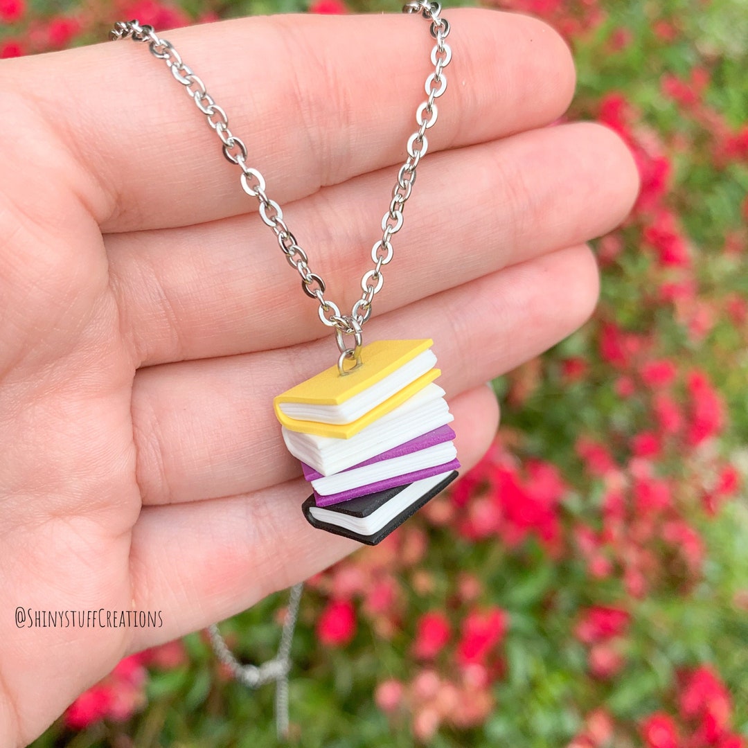 Subtle Non Binary Enby Pride Flag Necklace, Stacked Books, LGBTQ Gay ...