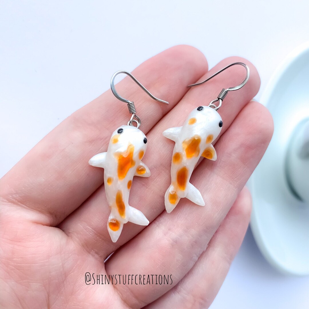 Koi Dangle Earrings, Japanese Koi Carp Fish Kohaku Charm, Cute Miniature Small Animal Aquarium ...