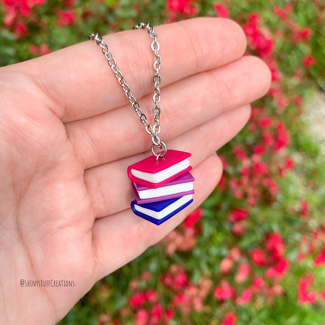 Subtle Bisexual Pride Flag Necklace, Stacked Books Bi Books, LGBTQ ...