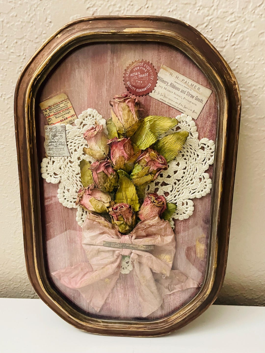 Upcycled Antique Curb Glass Antique Frame Faux Rose Bouquet Handmade - Etsy