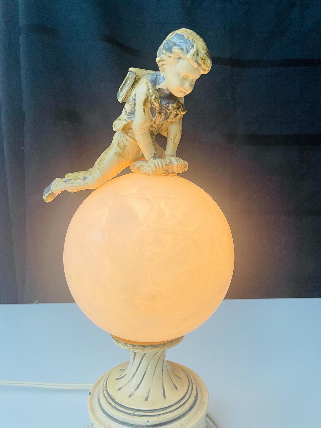 Art Nouveau Leap Frog Boy Table Lamp Alabaster Shade Chippy Patina ...