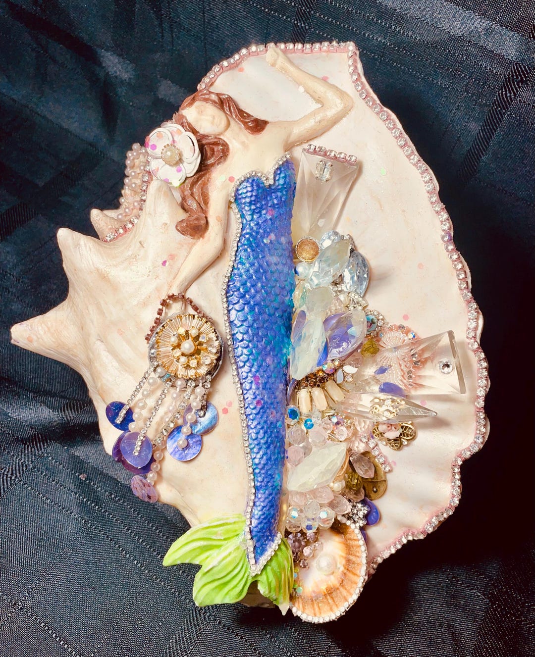 Conch Sea Shell Mermaid Art Vintage Handmade Crystals Pearls Jewelry ...