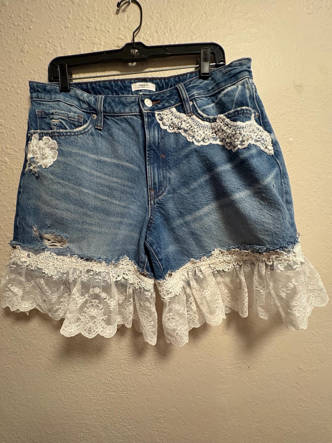 Upcycled Shorts Denim Lacey Bridal Cut Offs Tattered Shabby Chic OOAK ...