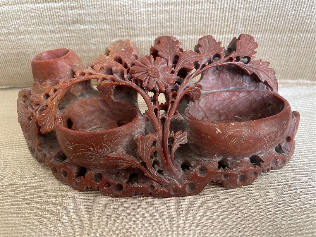 Antique Chinese Carved Soapstone Inkwell Sculpture Flowers/leaves & Pen ...