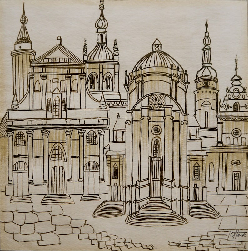 Original Ink Line Drawing: European Cityscape, Architecture Sketch ...