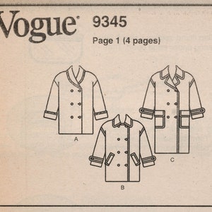 V9345 | Sz 6-10 | Vogue 9345 Lined, Double Breasted Coat or Long Jacket ...
