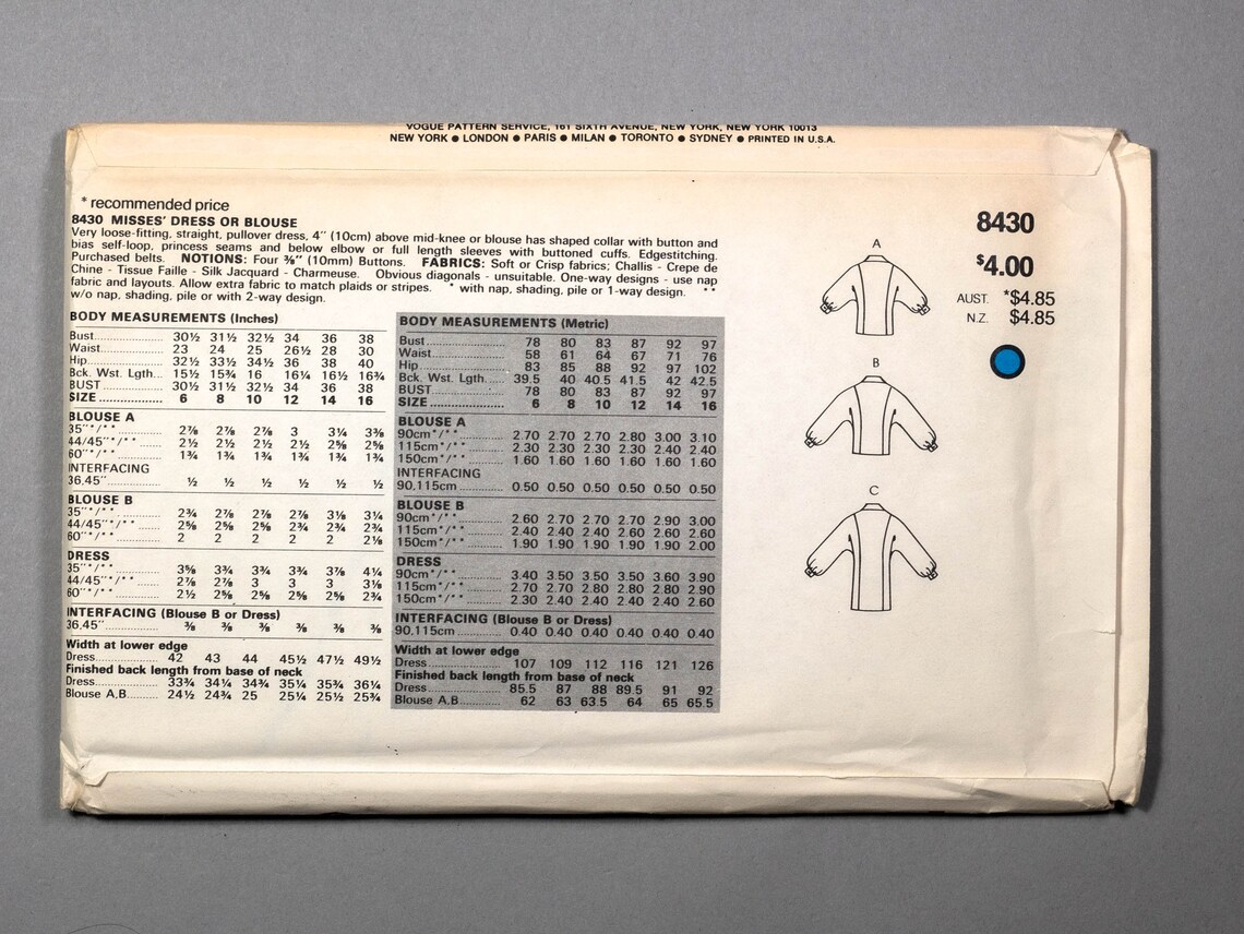 V8430 | Sz 8 | Vogue 8430 Retro 1980s 80s Misses Tunic Dress or ...