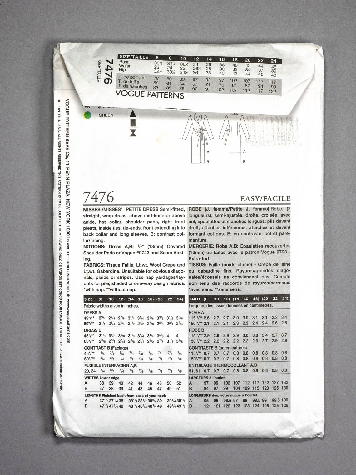 V7476 14-18 the Vogue Woman 7476 Misses Fitted Wrap Dress - Etsy