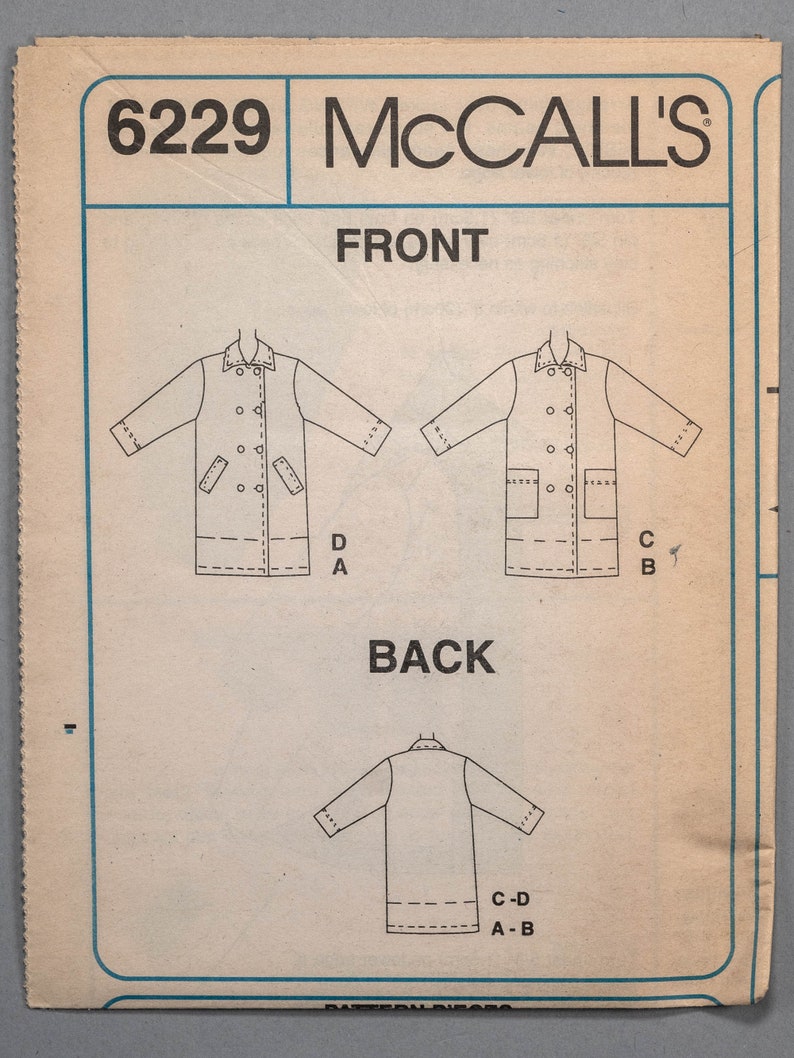 M6229 | SML (C32 1/2–34) | Mccall's Mens Teens Misses Unisex Lined Coat ...