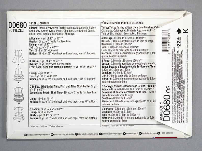D0680 18 Inch Doll Simplicity 0680 8359 Sewing Pattern: | Etsy