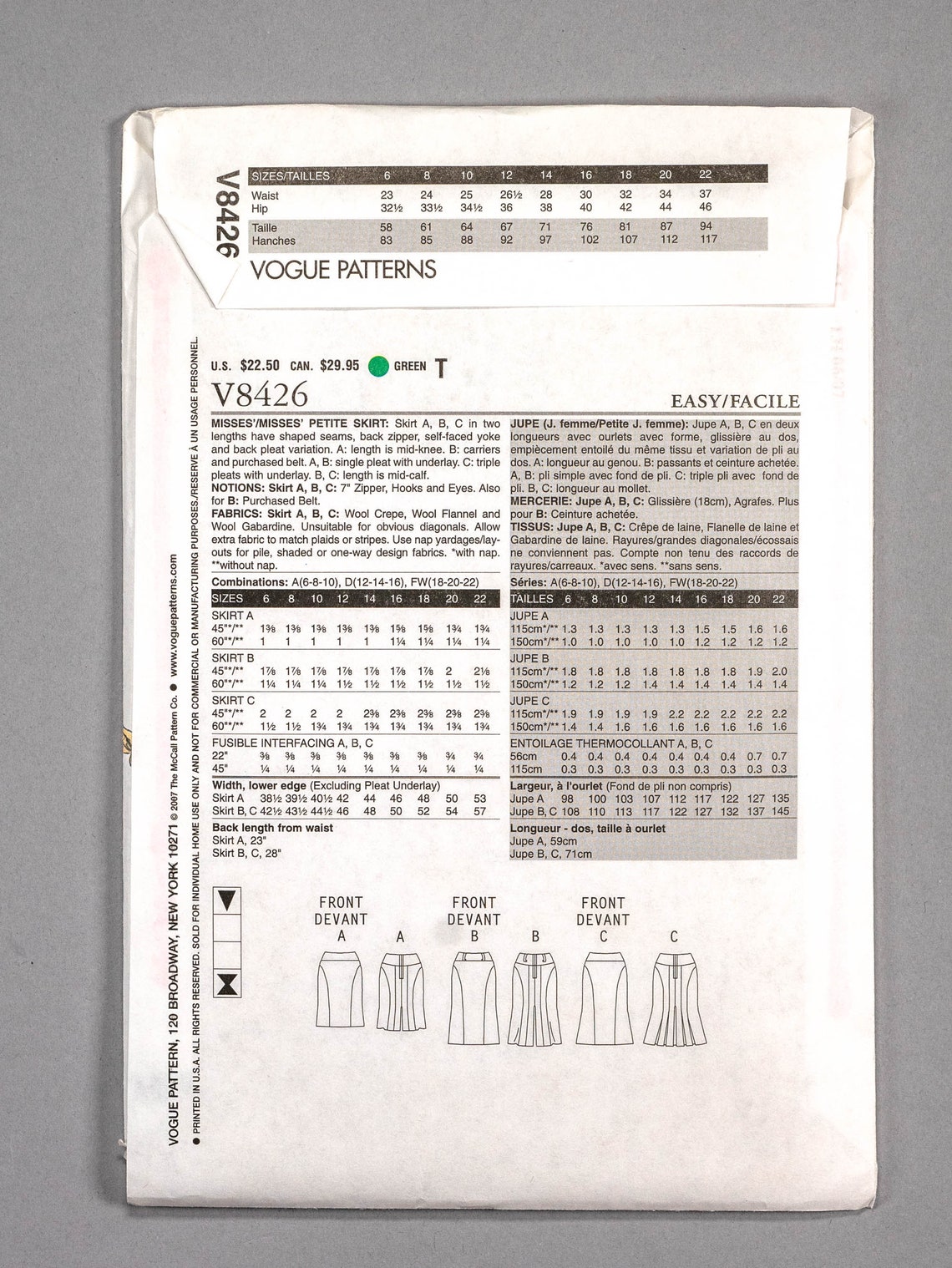 V8426 | Szs 12-16 | Vogue 8426 Misses Pencil Skirt Variations Sewing ...