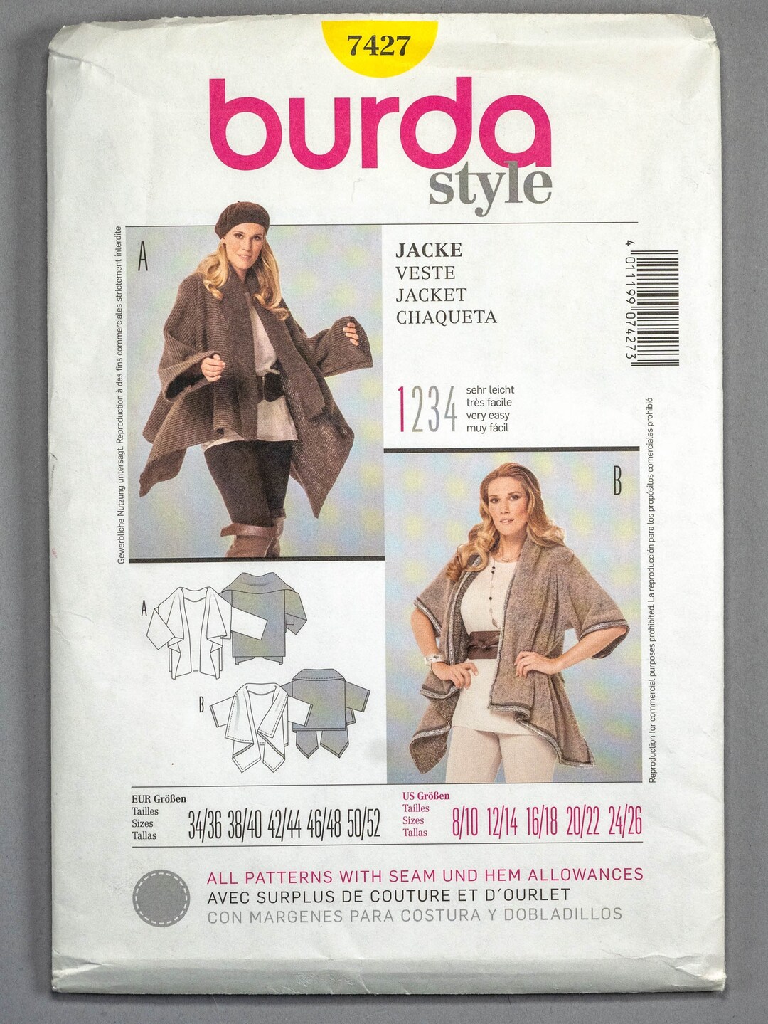 Burda Style 7427 8-26 Misses Loose Fitting Rectangle Cut Jacket Sewing ...