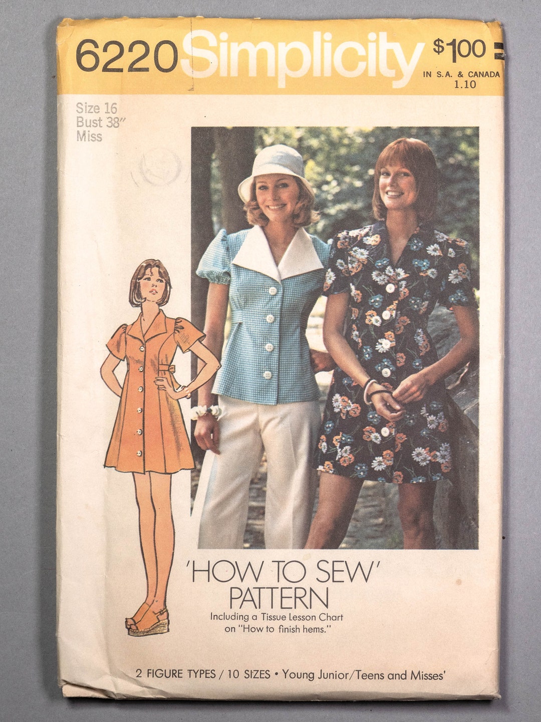 S6220 | Sz 16 | Simplicity 6220 1974 70s Misses Short Mini Dress ...
