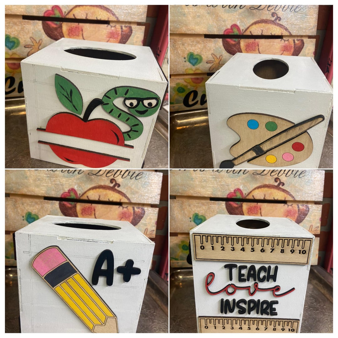 Teacher's Tissue Wood Box - 4 Sides Decorated - Etsy