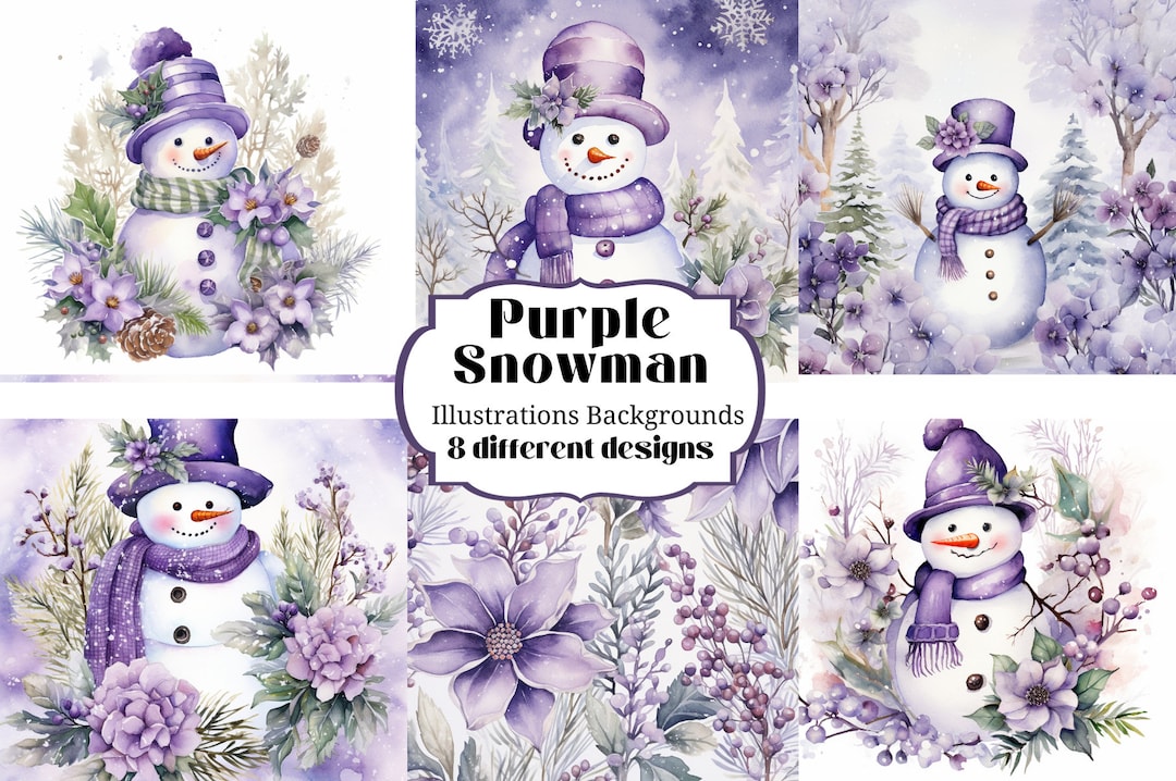 8 Pastel Purple Christmas Snowmen Digital Paper Illustrations ...