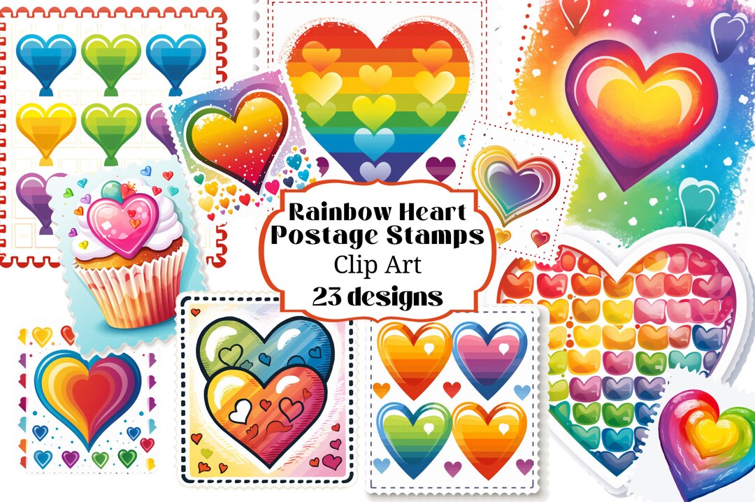 23 Rainbow Heart Postage Stamps Valentine Digital Paper Backgrounds ...