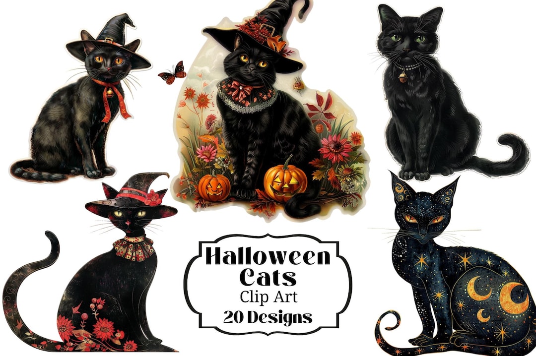 20 Halloween Black Cats Clip Art Illustrations Transparencies Digital ...