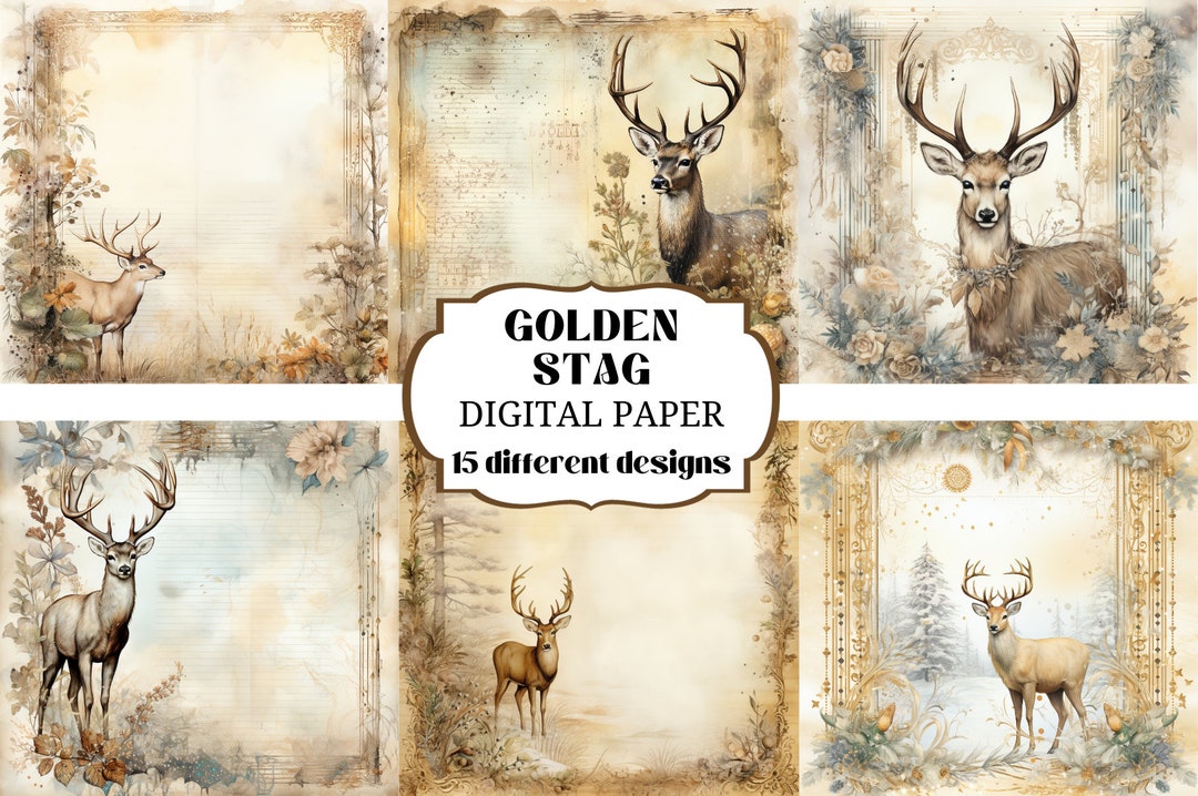 15 Golden Stag Deer Digital Paper Illustrations - Scrapbooking - Junk ...