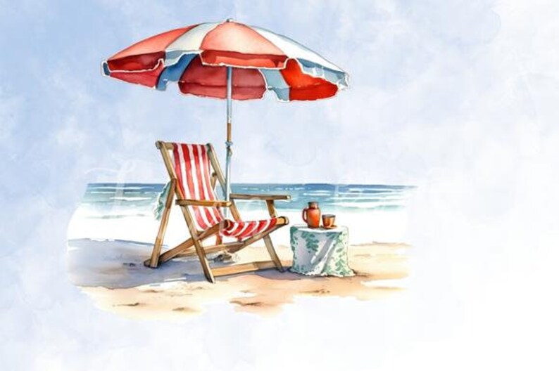 7 Red Beach Chairs Watercolor Clip Art Illustrations Transparencies ...
