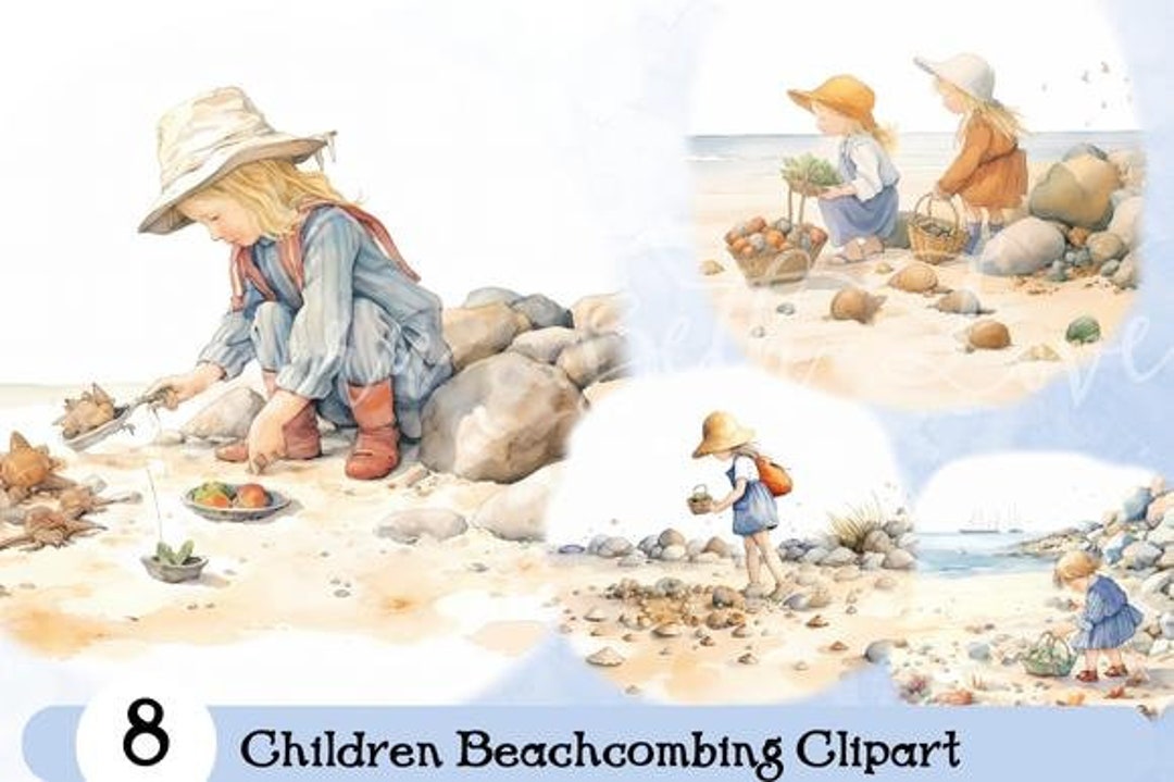 8 Watercolor Children Beachcombing Clip Art Illustrations ...