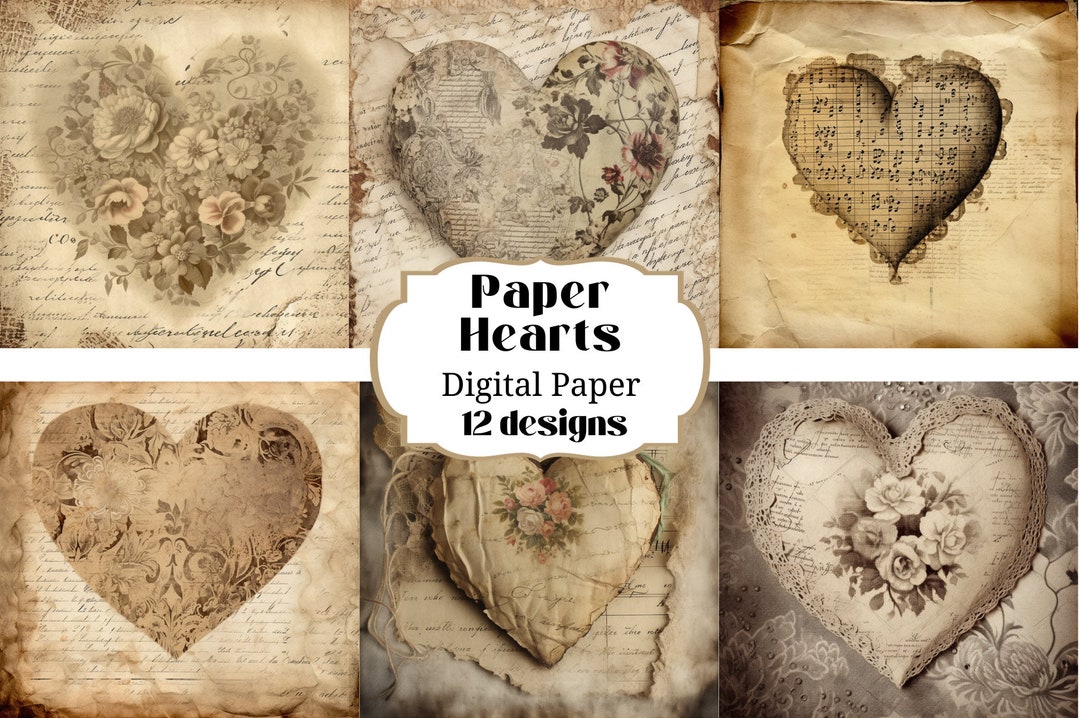12 Vintage Paper Hearts Valentine Digital Paper Backgrounds ...