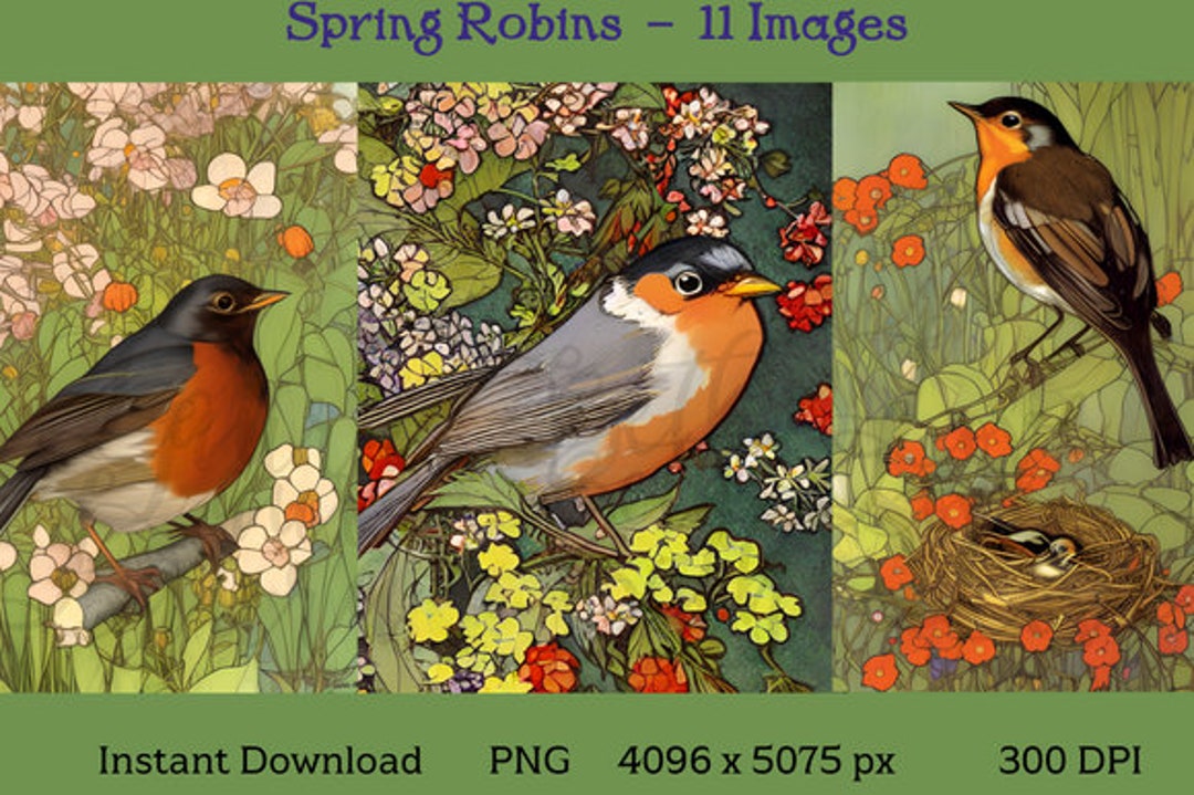 Vintage Spring Robins Clip Art Backgrounds Set 2 Digital Download ...