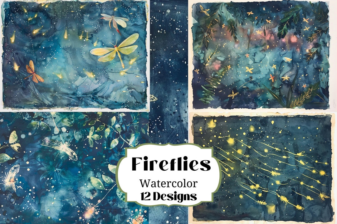 12 Fireflies Watercolor Backgrounds ~ 300 DPI ~ Digital Paper ...