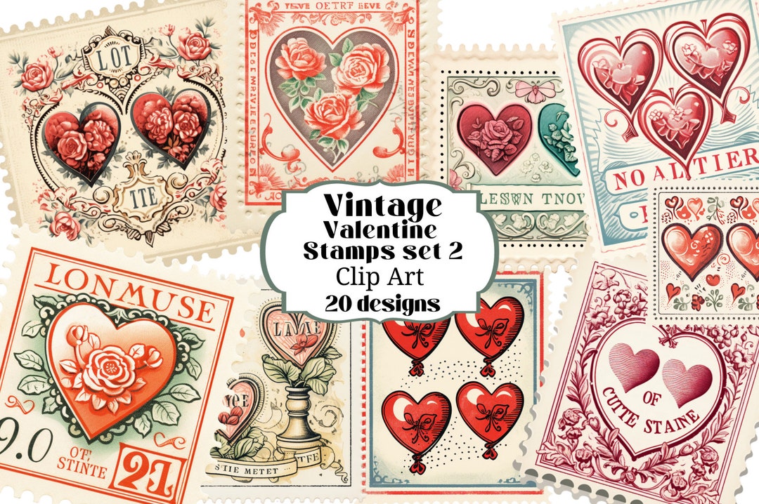 20 Vintage Valentine Postage Stamps Clipart Set #2 - Digital Image ...