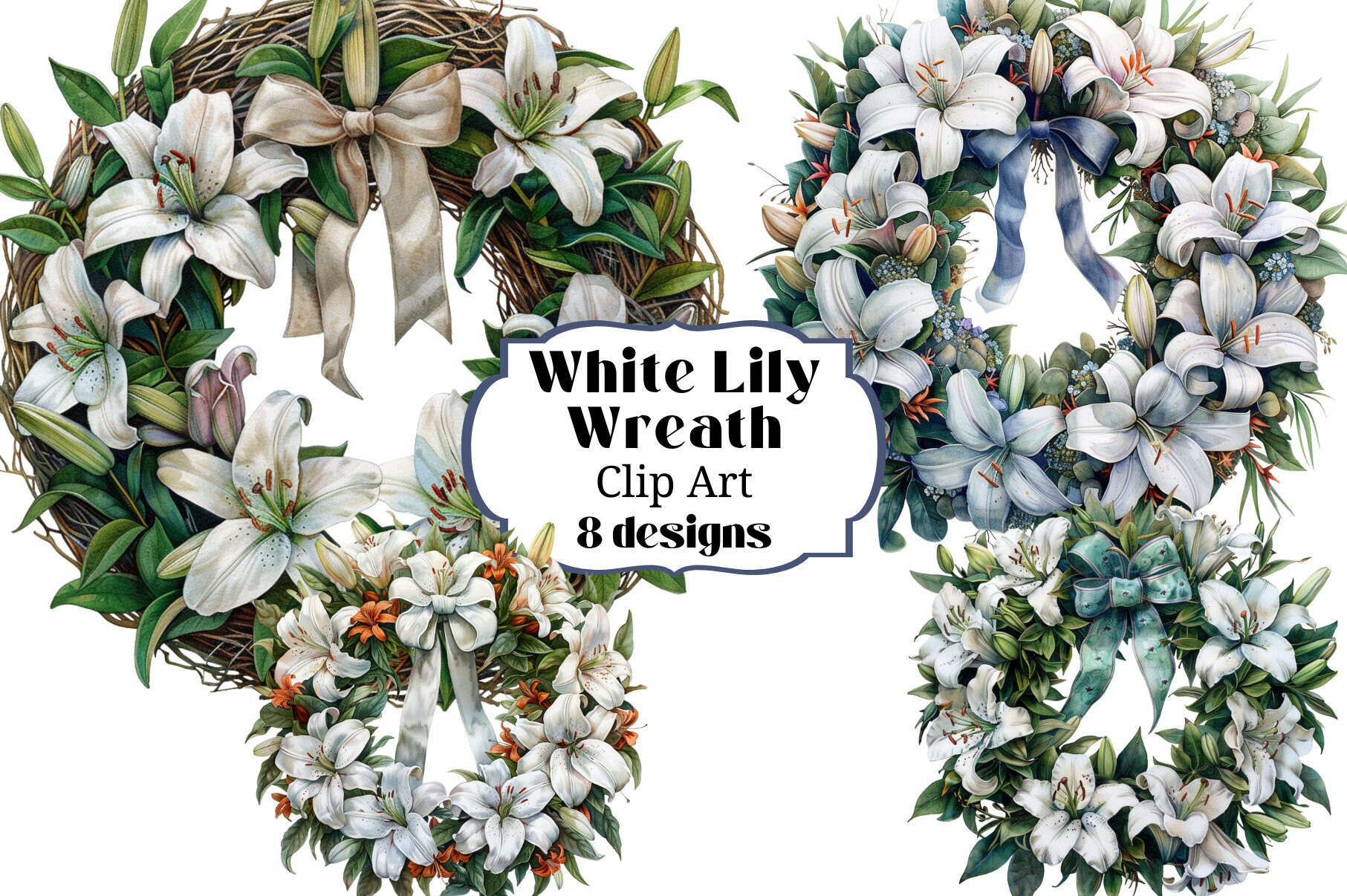 8 White Lily Easter Wreath Clip Art Transparency - Digital Papers - Digital Download - PRINTABLE ...