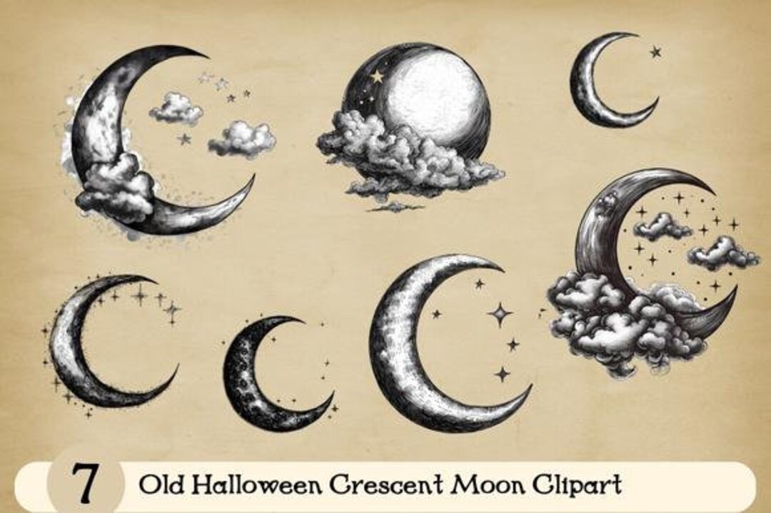 Old Halloween Crescent Moon Clip Art Illustrations - Etsy