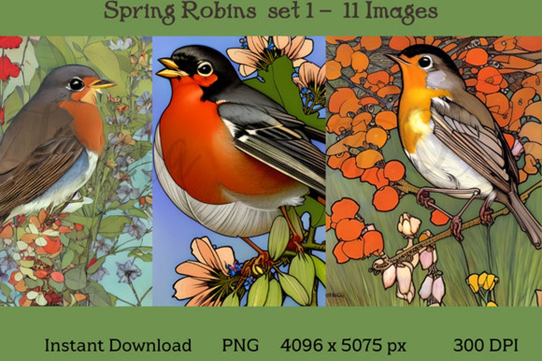 Vintage Spring Robins Clip Art Backgrounds Set 1 Digital Download ...