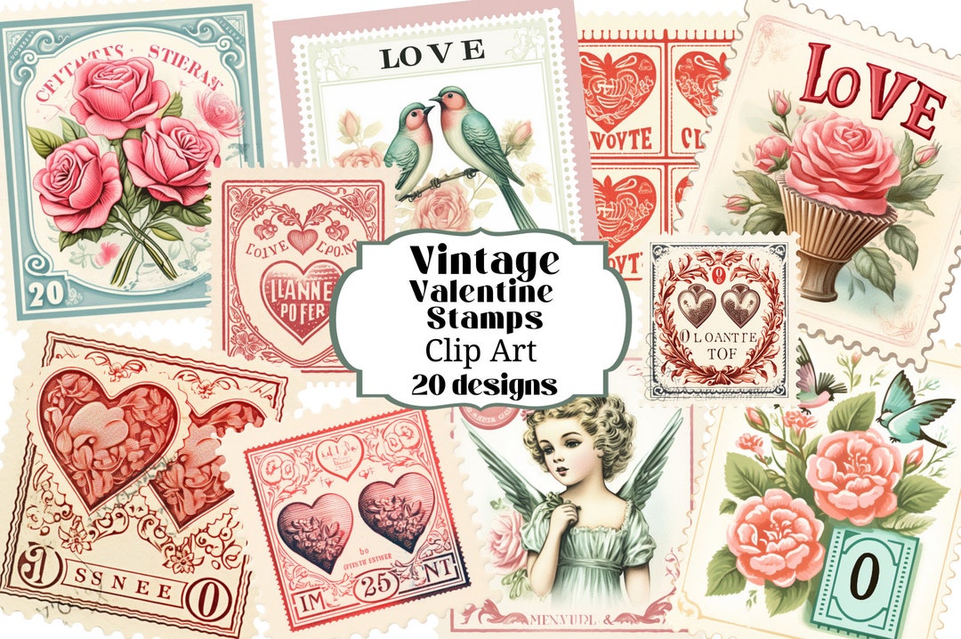 20 Vintage Valentine Postage Stamps Clipart - Digital Image Files ...