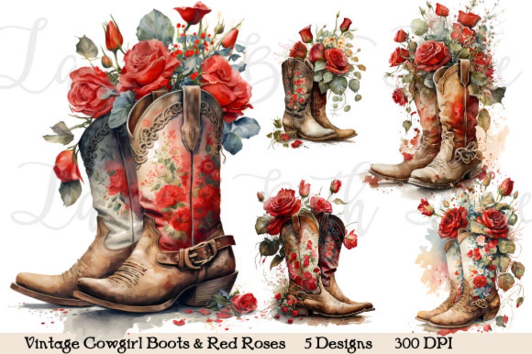 Watercolor Cowboy Boots & Red Roses Clip Art - Digital Download ...