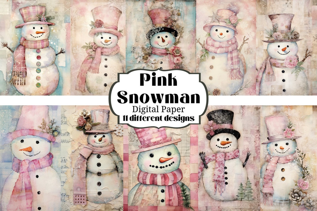 11 Pastel Pink Christmas Snowmen Digital Paper Illustrations ...