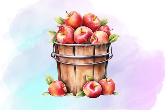 4 Watercolor Buckets of Apples Illustrations Transparencies Digital ...