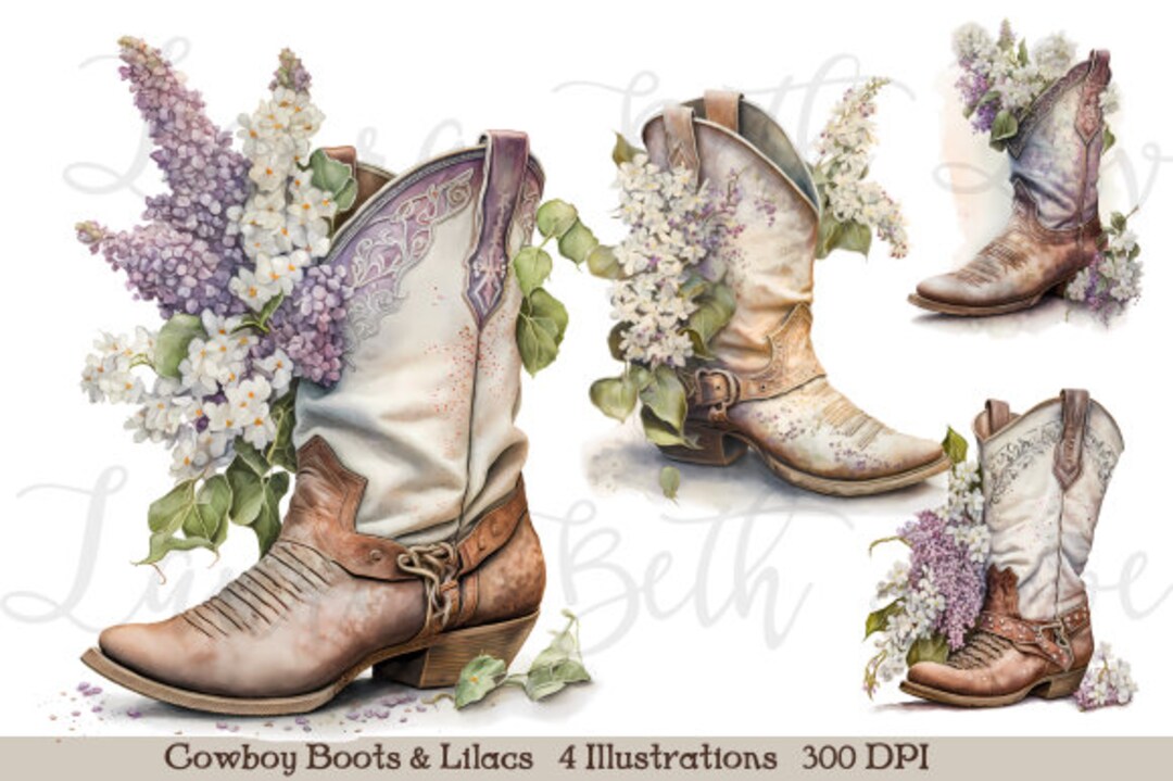 4 Watercolor Cowboy Boots & Lilac Clip Art - Digital Download ...