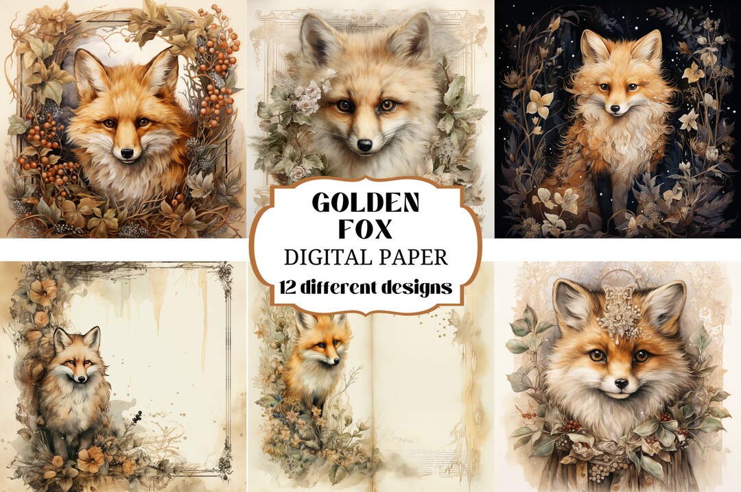 12 Golden Fox Digital Paper Illustrations - Scrapbooking - Junk ...