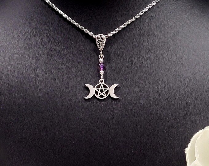 Triple Moon Goddess Pentacle Faceted Amethyst Gemstone Necklace,witchy ...
