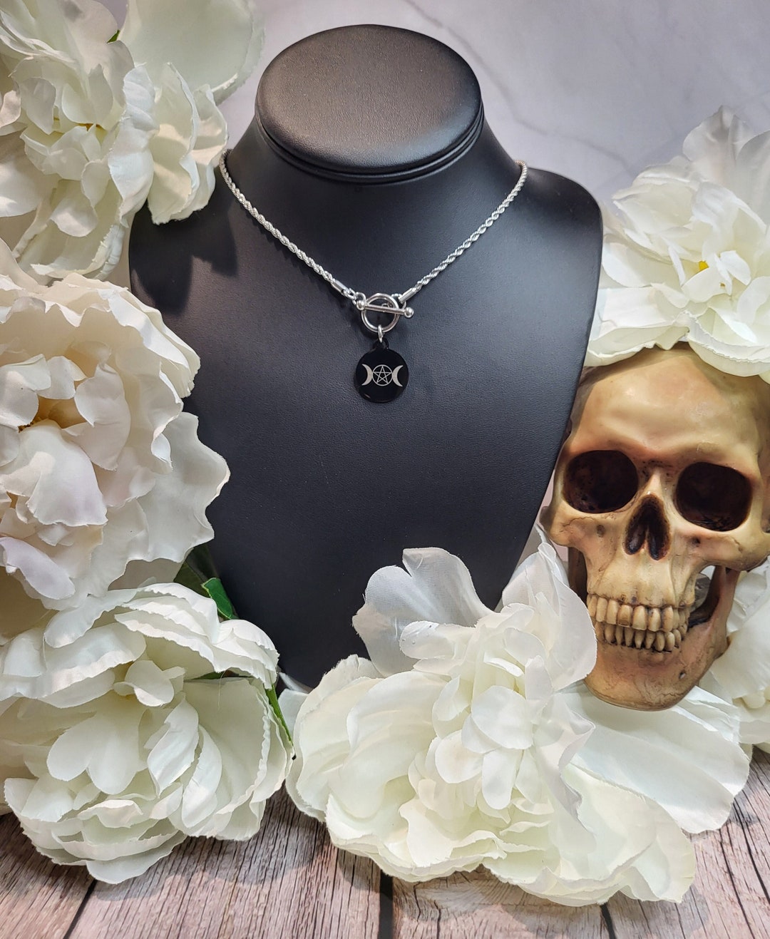 Triple Moon Goddess Pentagram Pentacle Stainless Steel Toggle Necklace ...