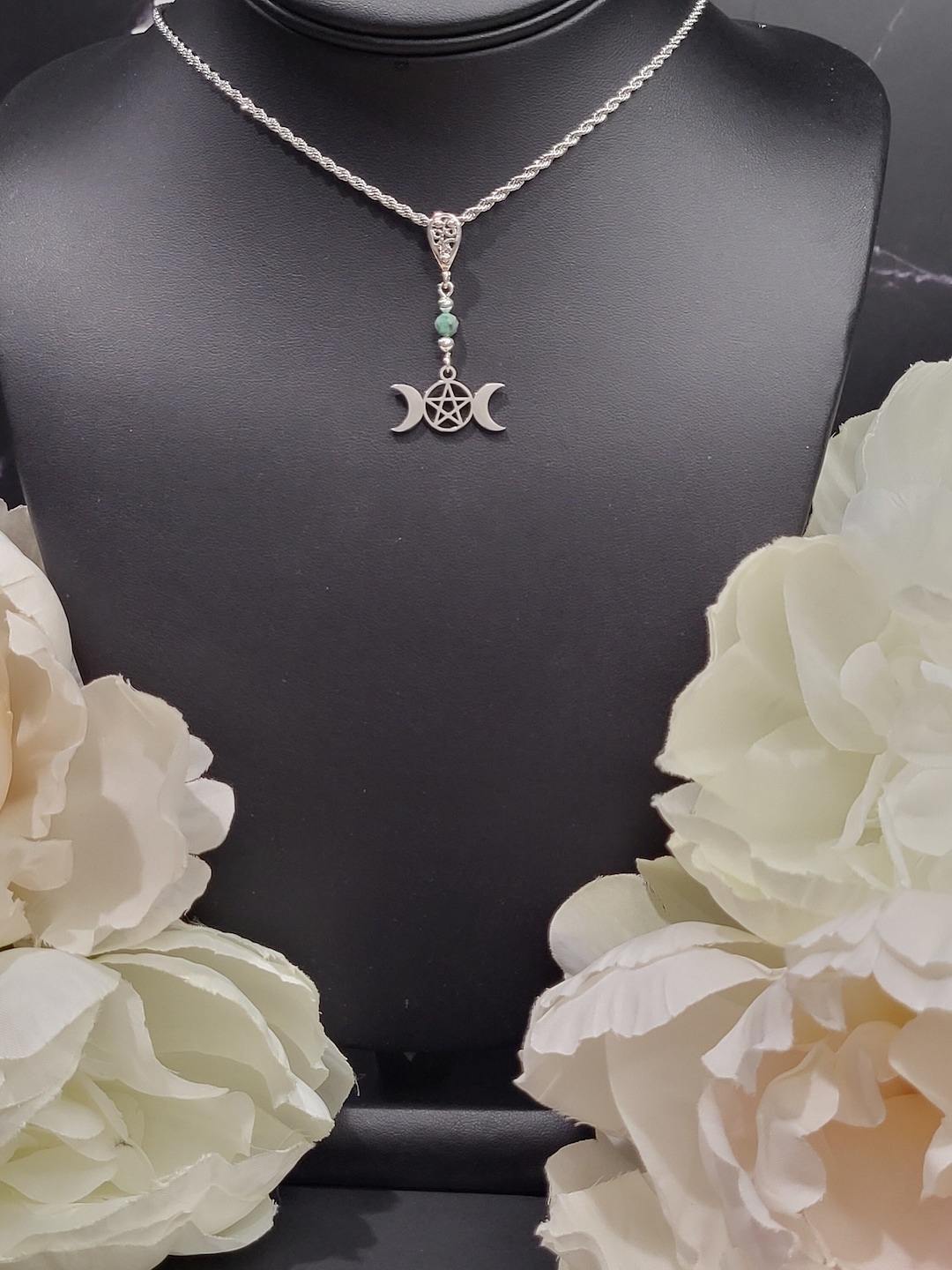 Triple Moon Goddess Pentacle Faceted Raw Emerald Gemstone Necklace ...