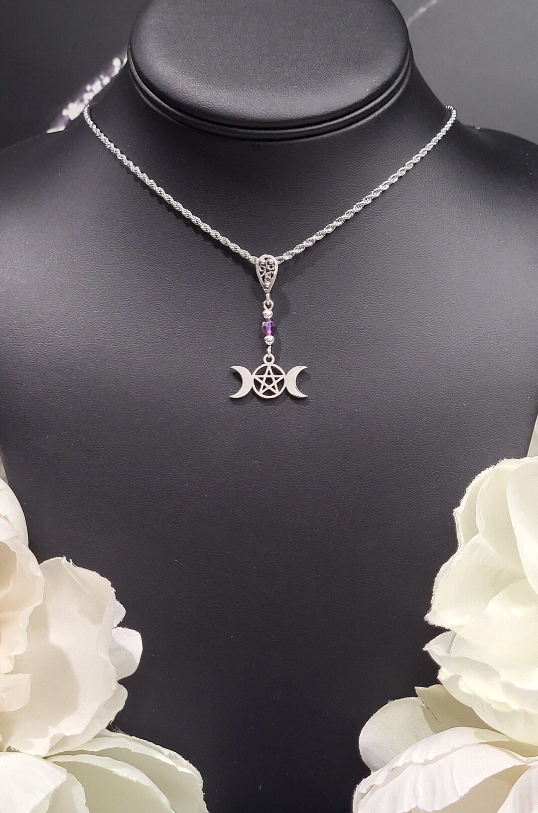 Triple Moon Goddess Pentacle Faceted Amethyst Gemstone Necklace,witchy ...