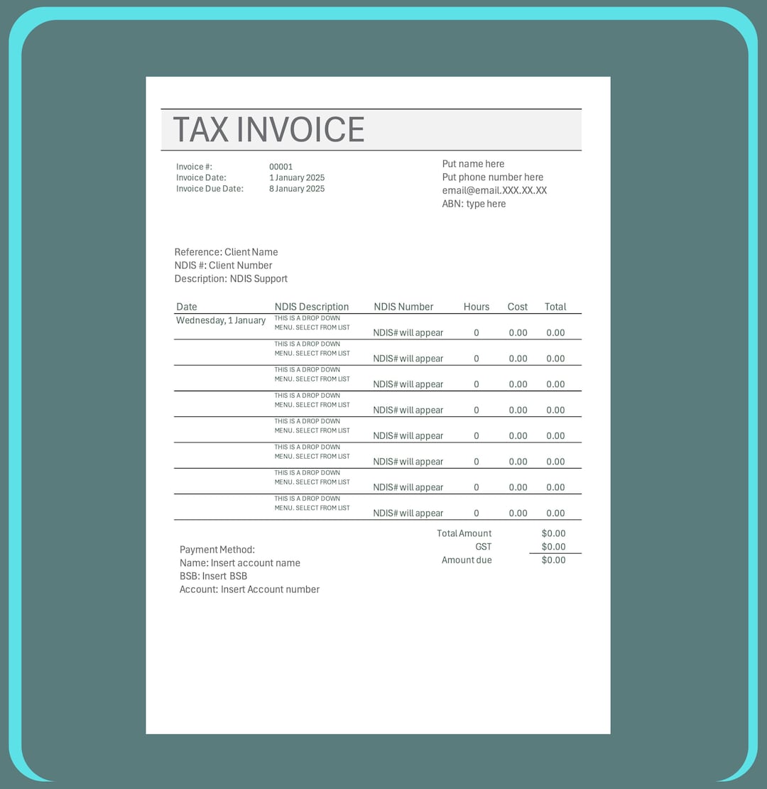 NDIS Invoice Editable Template Containing Drop Down Menu Detailing ...