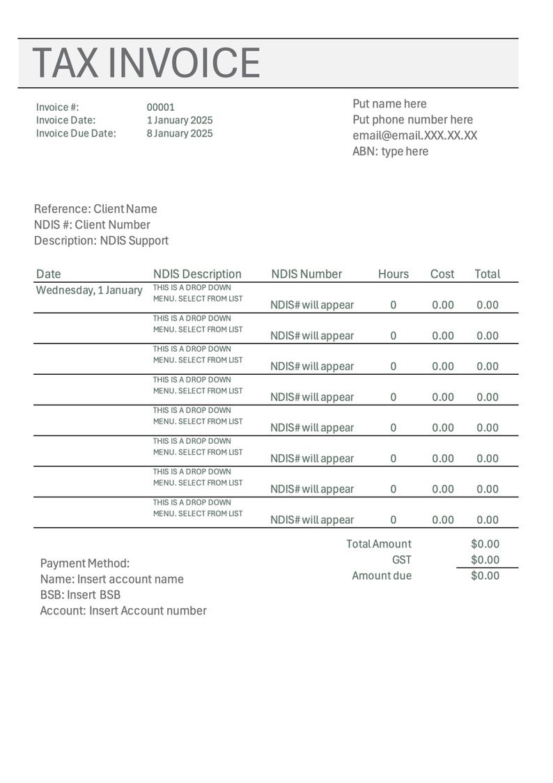 NDIS Invoice Editable Template Containing Drop Down Menu Detailing ...